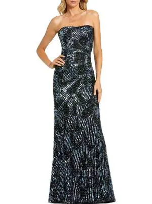 Mac Duggal Strapless Embellished Abstract Column Gown - Black Multi