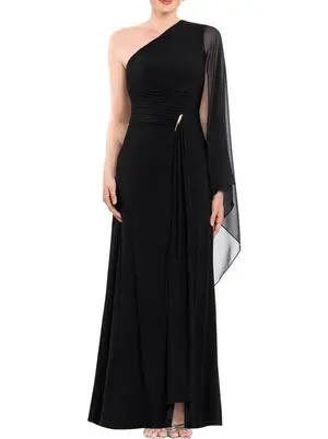 BETSY & ADAM One Shoulder Chiffon Trim Maxi Dress