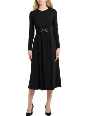 Anne Klein Long Sleeve Fit & Flare Midi Dress - Black