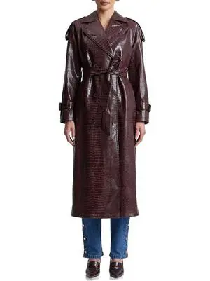 Avec Les Filles Croc Embossed Faux Leather Maxi Trench Coat - Dark Red