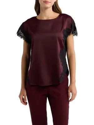 Anne Klein Lace Trim Satin Top - Barolo/black