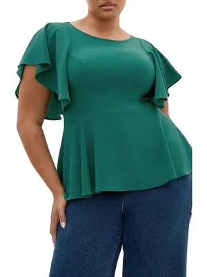 City Chic Romantic Flutter Sleeve Peplum Top - Jade