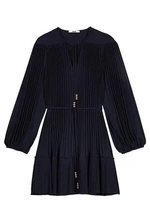 Maje Pleated Blouson Sleeve V-neck Mini Dress - Navy