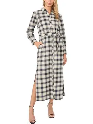 Vince Camuto Plaid Belted Midi Shirt Dress - Rich Black