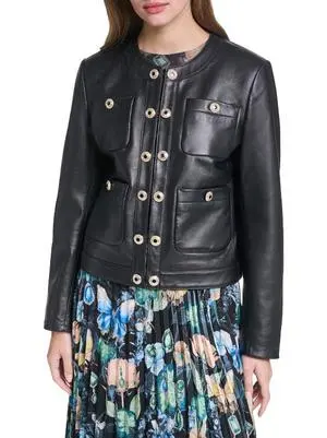 Karl Lagerfeld Paris Collarless Leather Jacket With Patch Pockets - Black