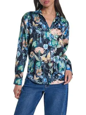 Karl Lagerfeld Paris Oversized Long Sleeve Floral Print Shirt - Black/multi