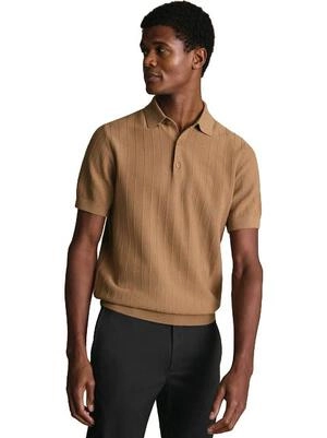 CHARLES TYRWHITT Stripe Texture Short Sleeve Knitted Cotton Polo - Camel