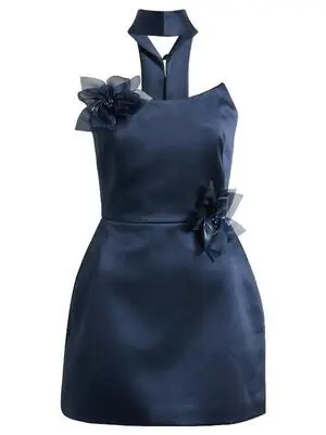 NADINE MERABI Lori Floral Appliqué Satin Cocktail Minidress - Navy