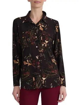 Jones New York Printed Botanical Long Sleeve Shirt - Coffee Bean Multi
