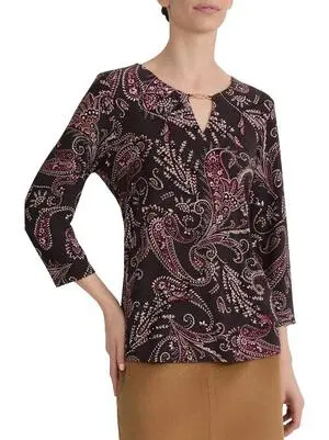 Jones New York Keyhole Paisley Crepe Top - Coffee Bean Multi