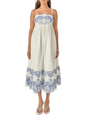 English Factory Embroidered Midi Dress - White/blue