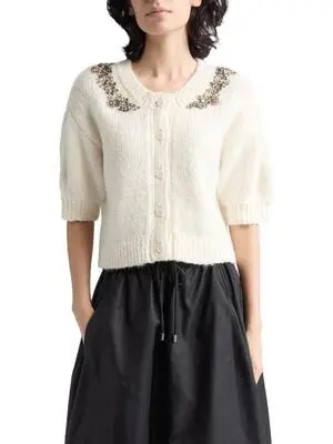 Cinq À Sept Millicent Crystal Embellished Wool Blend Cardigan - Ivory