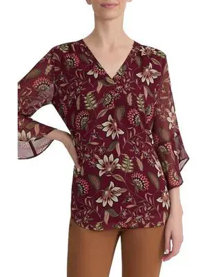 Jones New York Floral V-neck Flutter Sleeve Top - Wine Multi