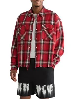PURPLE BRAND Cropped Raw Edge Flannel Shirt - White Multi