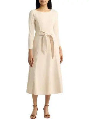 Anne Klein Tie Waist Scuba Crepe Midi Dress - Macadamia