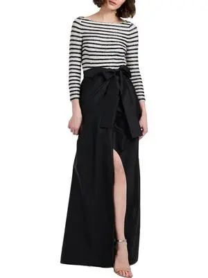 EMILY SHALANT Beaded Stripe Mixed Media Taffeta Gown - Black