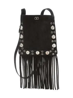 Valentino Garavani Small Nellcôte Fringe Stud Suede Crossbody Bag - Black