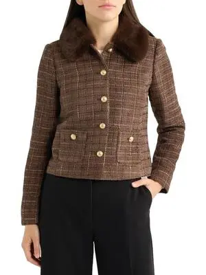 TAHARI ASL Faux Fur Collar Cropped Boucle Jacket - Espresso