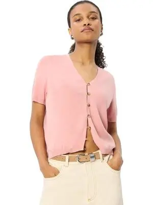 Whistles Short Sleeve Button Front Knit Cardigan - Pink