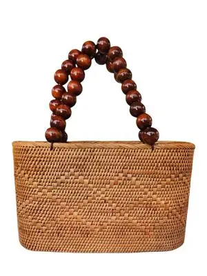 OHSUN Lucia Rattan And Wooden Bead Tote - Brown
