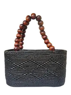 OHSUN Black / Brown Lucia Rattan And Wooden Bead Tote Black - Black/brown