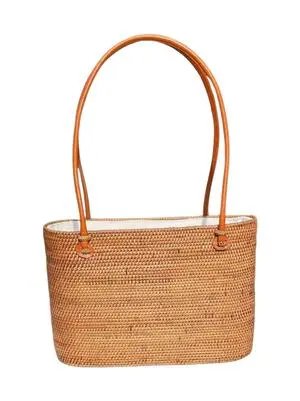 OHSUN Lola Rattan Tote With Leather Handles - Brown