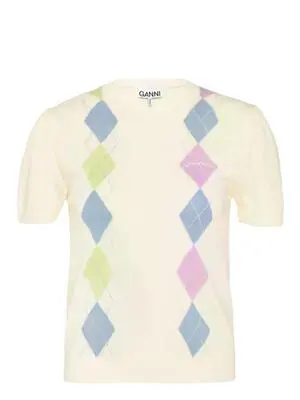 GANNI GANNI Argyle Knit T-Shirt With Embroidered Logo Neutrals