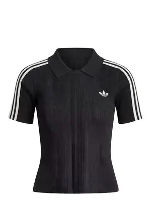 Adidas Ribbed Knit Polo With Signature Stripes - Black