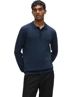 Karl Lagerfeld Wool Long-sleeved Polo Shirt - Navy