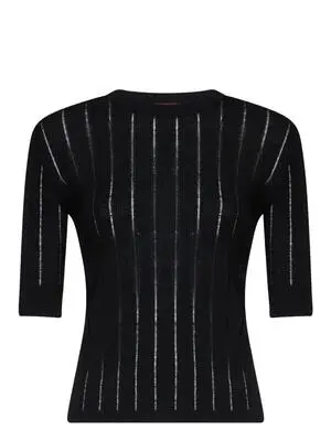 Max Mara Max Mara Studio Ribbed Knit Crew Neck Short Sleeve Top With Vertical Stripes Black