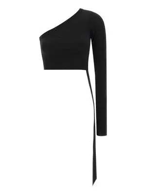 Rick Owens DRKSHDW Ziggy One-Shoulder Cropped Top With Ribbon Detail Black