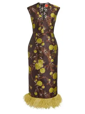 La DoubleJ Feather-trim Floral Jacquard Midi Dress - Brown