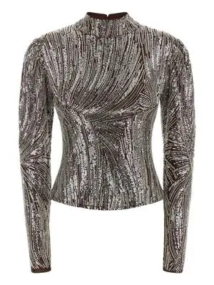 Rabanne Embellished High Neck Long Sleeve Top - Brown