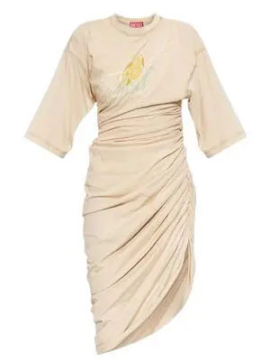 DIESEL® Cotton Gathered Midi Dress With Vintage Print - Nude