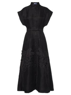 LEO Lin Aubrey Floral-appliqué Linen-blend Midi Dress - Black