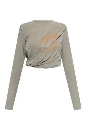 DIESEL® Long Sleeve Cropped T-shirt With Crystal Embellishments - Green