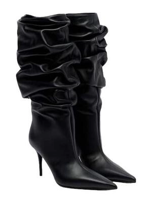 Amina Muaddi Leather Mid Calf High Heel Boots - Black