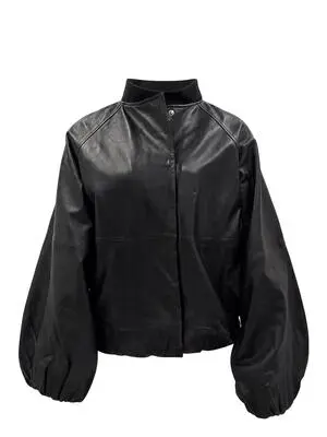 Mauritius 100% Lambskin Leather Oversized Balloon Sleeve Jacket - Black
