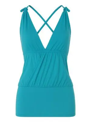 CONQUISTA Draped V-neck Sleeveless Top With Cross-back Detail - Blue