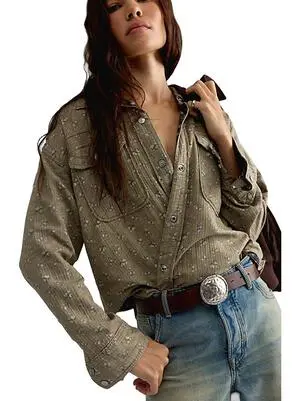 Free People We The Free Rose Garden Printed Cotton Shirt - Sage Combo