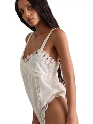 Free People Intimately Cotton And Lace Bodysuit With Embroidered Trim - Tofu