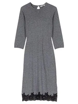 Maje Round-neck Lace-trim Wool Midi Dress - Grey/black