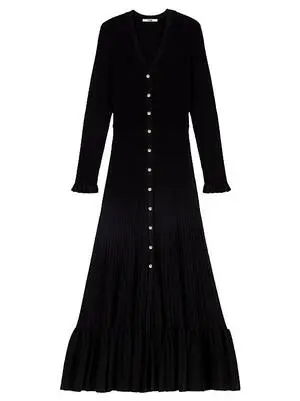 Maje Ruffled V-neck Knitted Maxi Dress - Black