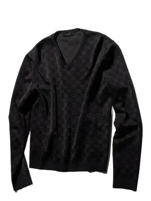 Gucci Gg Jacquard Fine Knit V-neck Sweater - Black