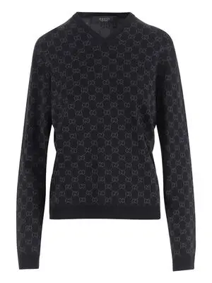 Gucci Gg Jacquard Fine Knit V-neck Sweater - Black