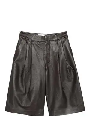 YVES SALOMON Pleated Wide-leg Leather Knee-length Shorts - Brown