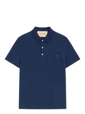 Valentino Garavani Polo Shirt In Cotton Piqué With Vgold - Blue