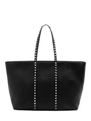 Valentino Garavani Rockstud Shopper In Grainy Leather - Black