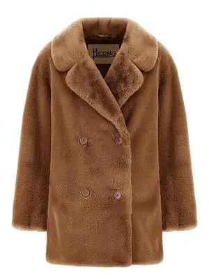Herno Cappotto Doppiopetto In Ecopelliccia - Brown