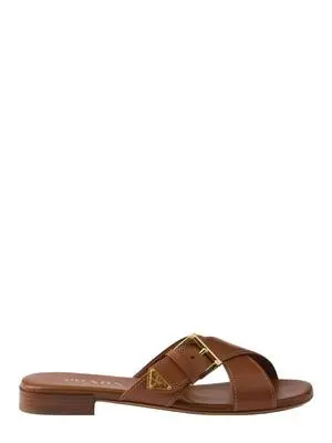 Prada Leather Crisscross Slides With Buckle - Brown